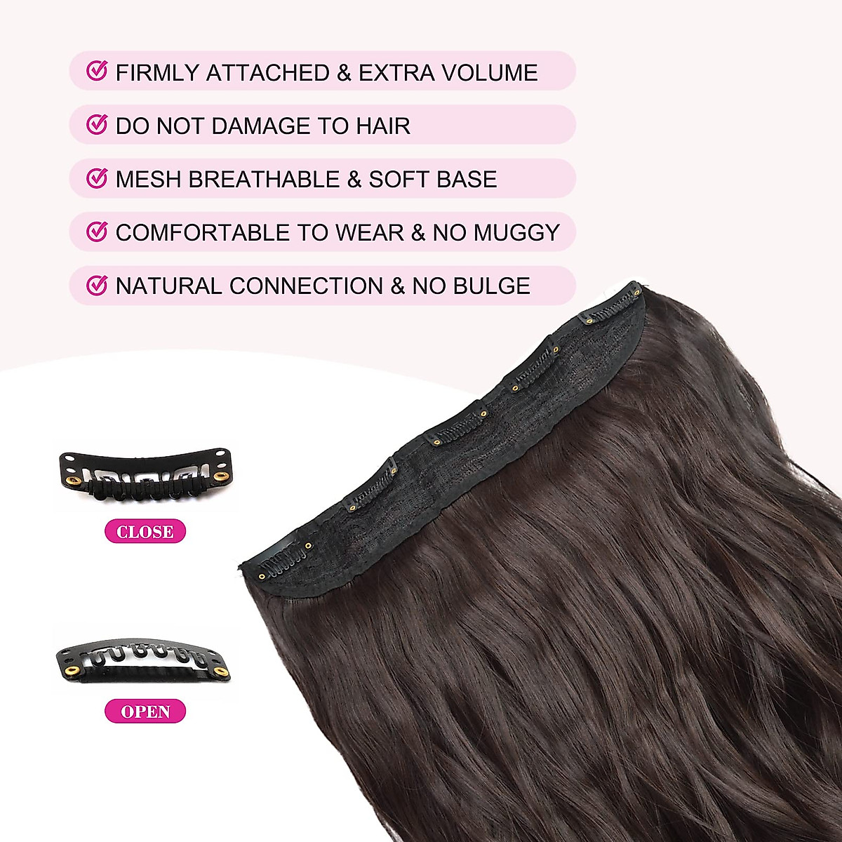 REECHO 16" 1-Pack 3/4 Full Head Curly Wavy Clips in on Synthetic Hair Extensions HE008 Hairpieces for Women 5 Clips 3.9 Oz per Piece - Dark Brown