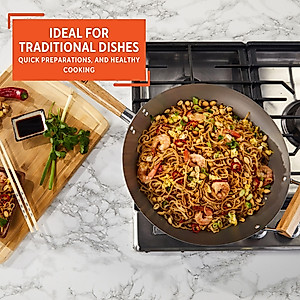 IMUSA USA WPAN-10018 Non-coated Wok with Wooden Handles 14-Inch, Silver