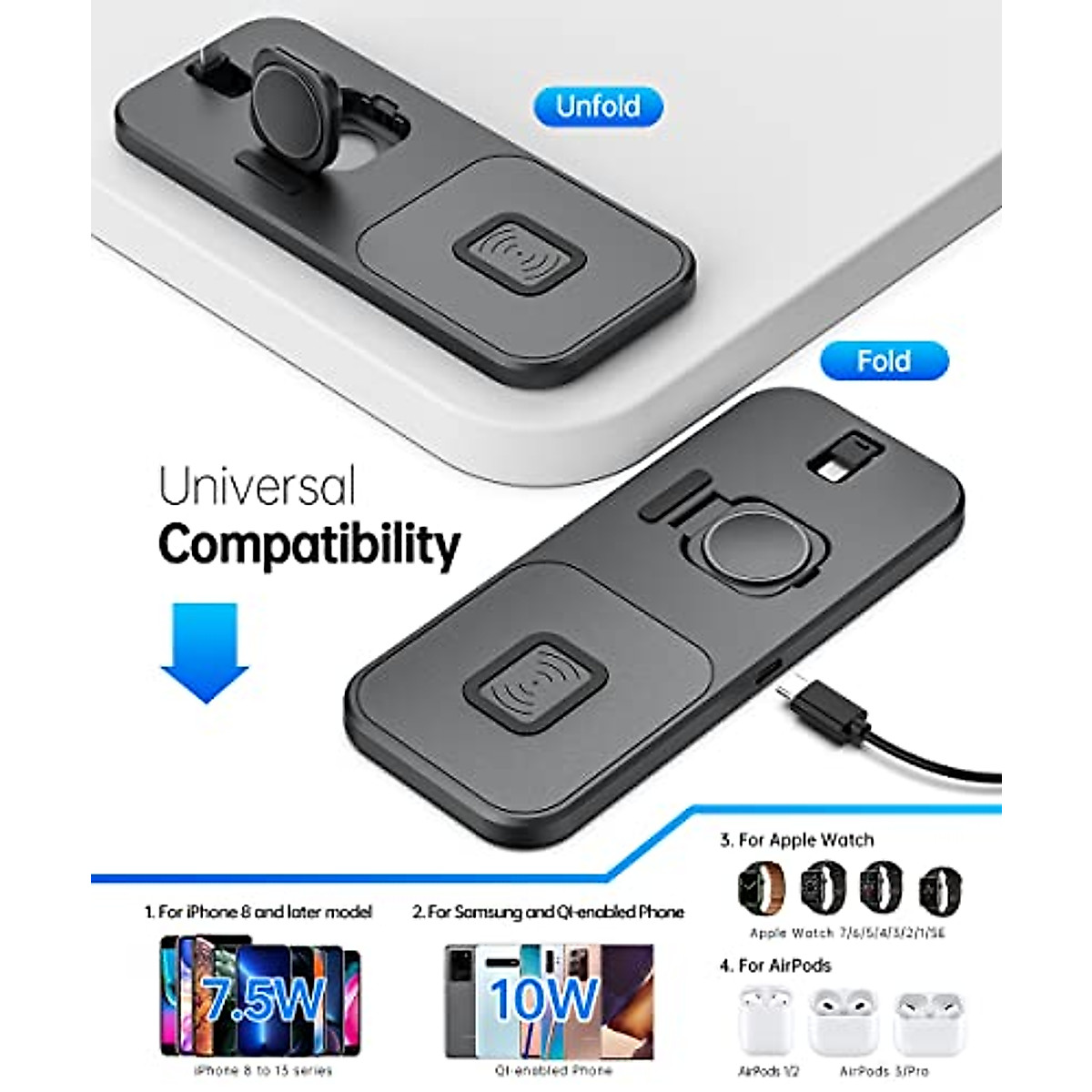 XICPU Portable and Foldable 3 in 1 Wireless Charging Station, Fast Wireless Charger Stand for Apple Watch iPhone AirPods Black