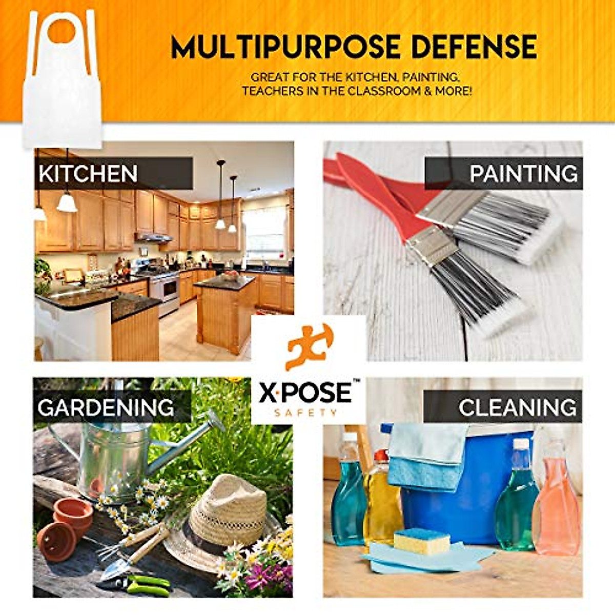 Xpose Safety 100 White Plastic Disposable Aprons For Cooking, Painting and More - Individually Packaged - Durable 1 mil Waterproof Polyethylene - 24" x 48"