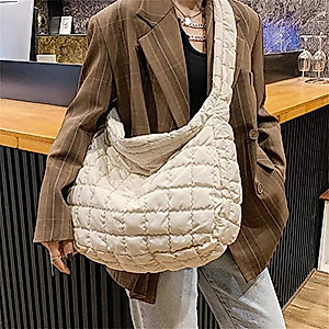 Large Puffer Tote Bag, Quilted Down Bags for Women Soft Space Totes Puffer Bag Lattice Crossbody for Autumn and Winter (White)