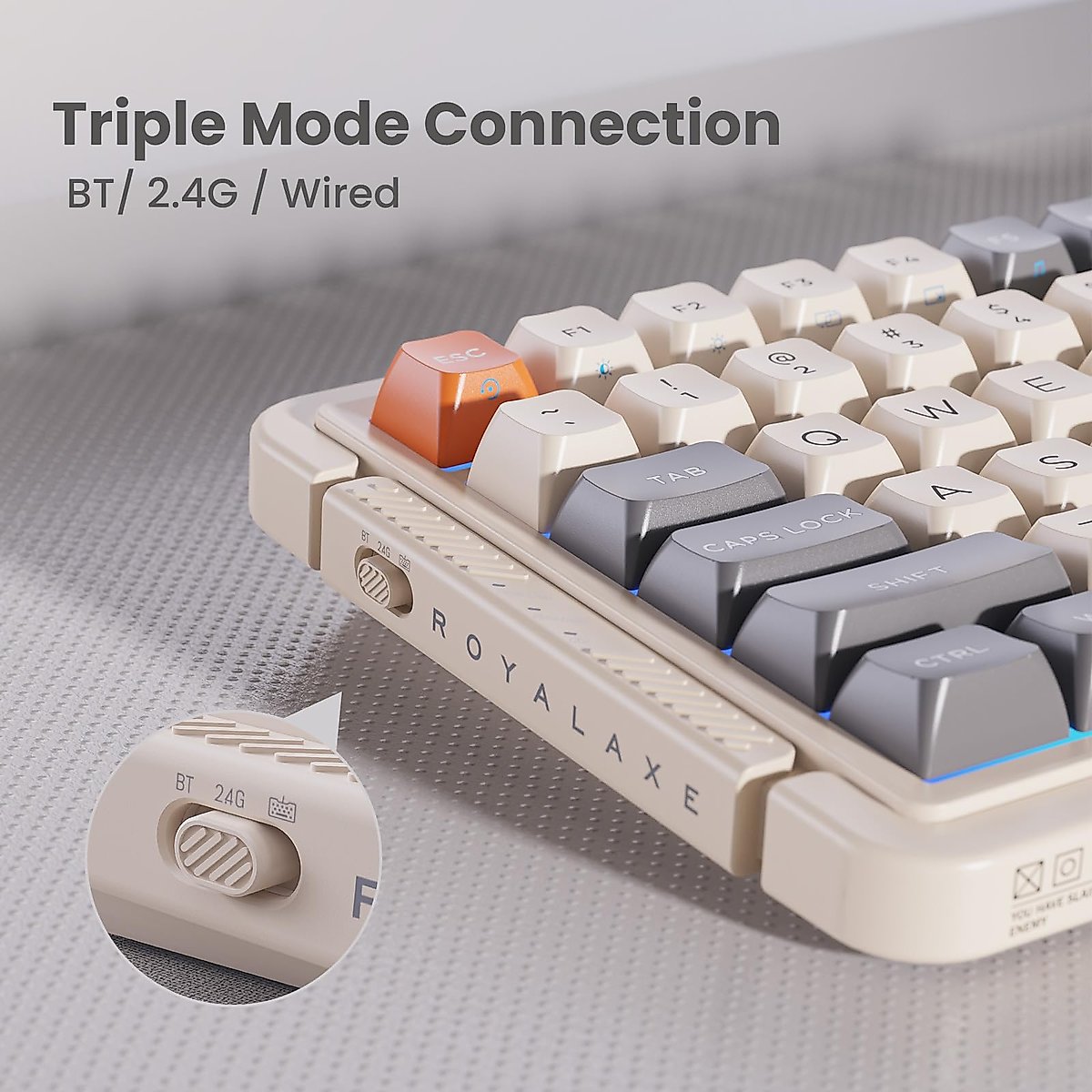 ROYALAXE L75 Wireless Mechanical Keyboard, Hot-swappable Wired/Bluetooth 5.0/2.4G Wireless Keyboard with RGB Backlit for Windows & Mac, PBT Keycaps, Gateron Yellow Switch Pro, Pebble White