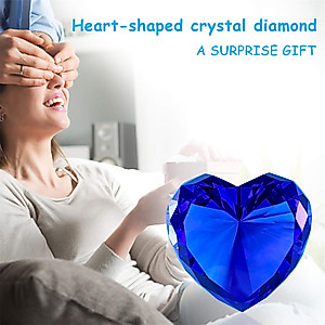 Blue Crystal Diamonds Paper Weights, Heart Shape Real Diamond Glass Gems Paperweight for Decoration, Big Diamonds Home Office Decor Valentine's Day Gift Wedding Favors with Gift Box 80mm