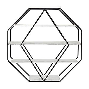 Kate and Laurel Lintz Large Octagon Shaped Floating Wood Book Shelves for Decorative Wall Storage, Black Metal Frame with White Shelves