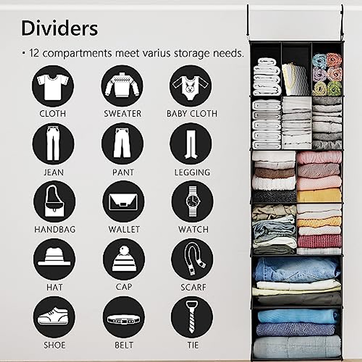 SUOCO Hanging Closet Organizer and Storage with Dividers, 12 Compartments Clothes Shoes Accessories Shelf for Wardrobe, Nursery, Cloakroom or RV, Black, 1 Pack