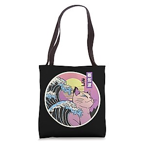 Japanese Vaporwave Japan Style Cat. Great Wave of Kanagawa Tote Bag