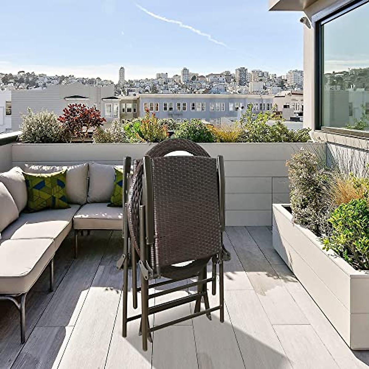 Rimba Outdoor 3 Pieces Wicker Folding Bistro Set, Balcony Table and Chairs Sets, Garden Backyard Furniture