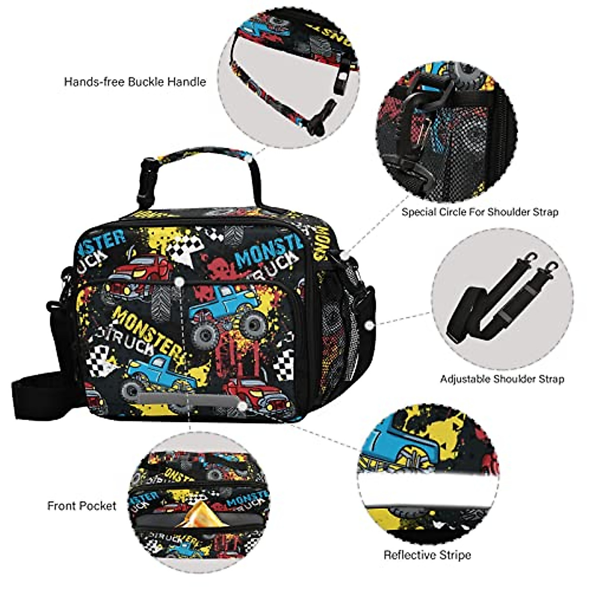 KOCOART Monster Truck Insulated Lunch Bag Large for Women Men Grunge Spray Cooler Tote Bag with Adjustable Shoulder Strap Reusable Picnic Lunch Box Outdoor for Adult Office