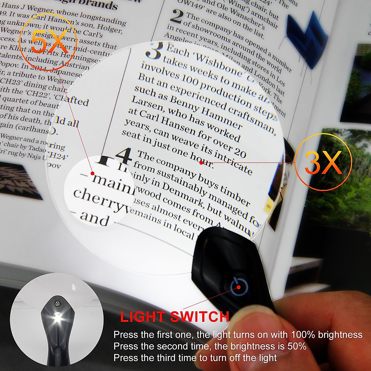 HONGUT LED Magnifier with Light, Handheld, Battery-Operated（3X &5X），Handheld，for ReadingBooks,Newspaper,Inspection (3-Pack)