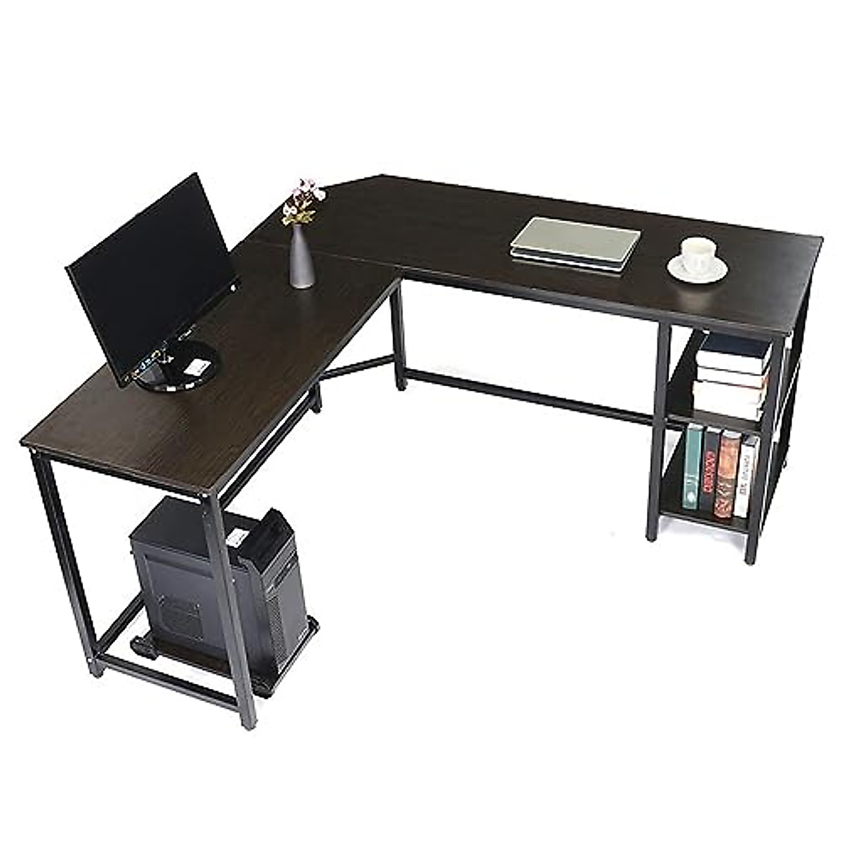 ENGERIO Reversible L Shaped Desk Computer Table with Storage Shelves, Home Office Desk Corner Desk Modern Simple Writing Study Table Gaming Table Workstation with CPU Power Tray Stand (Black)