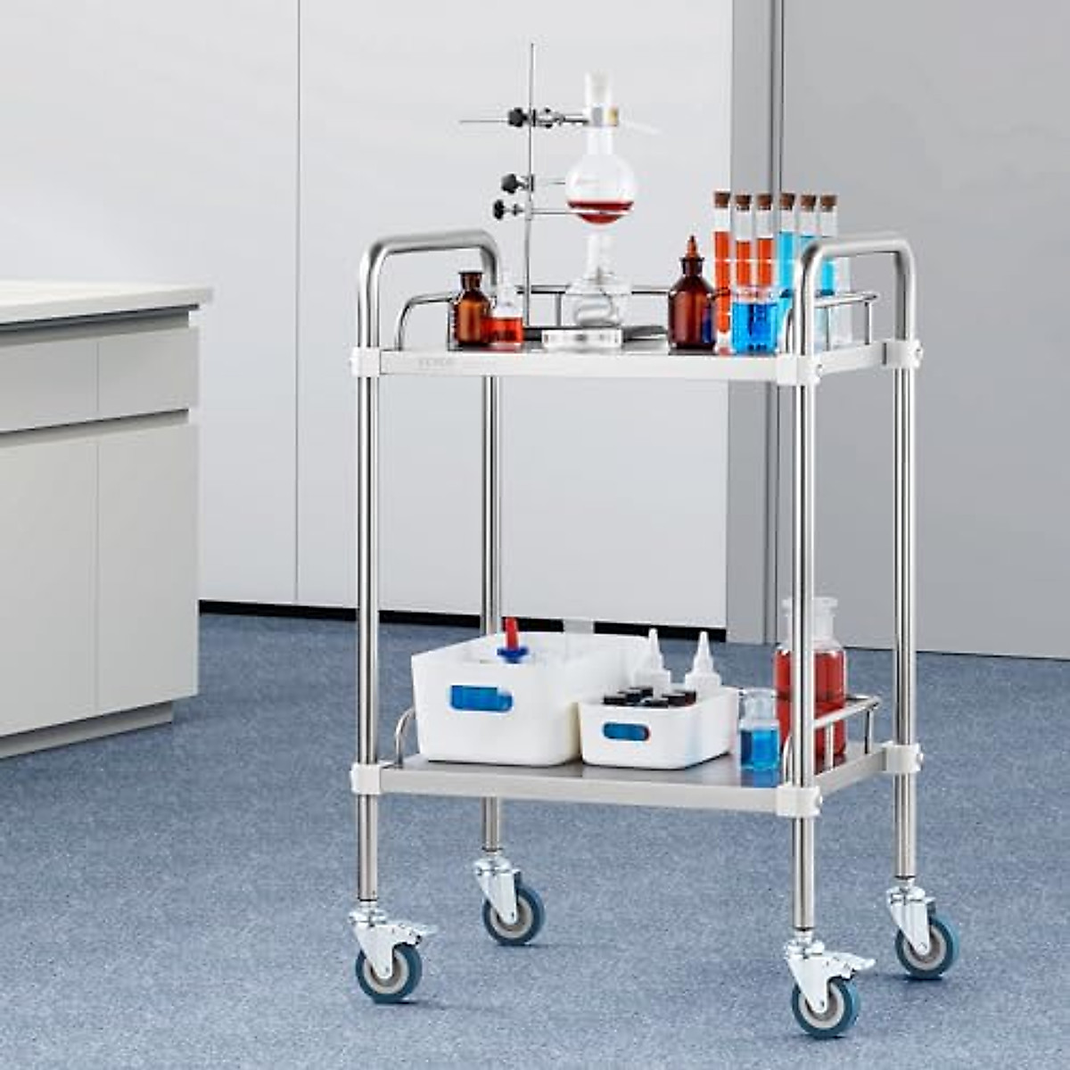 VEVOR Lab Rolling Cart, 2-Shelf Stainless Steel Rolling Cart, Lab Serving Cart with Swivel Casters, Dental Utility Cart for Clinic, Lab, Hospital, Salon, 15.16"x21.57"x34.06"