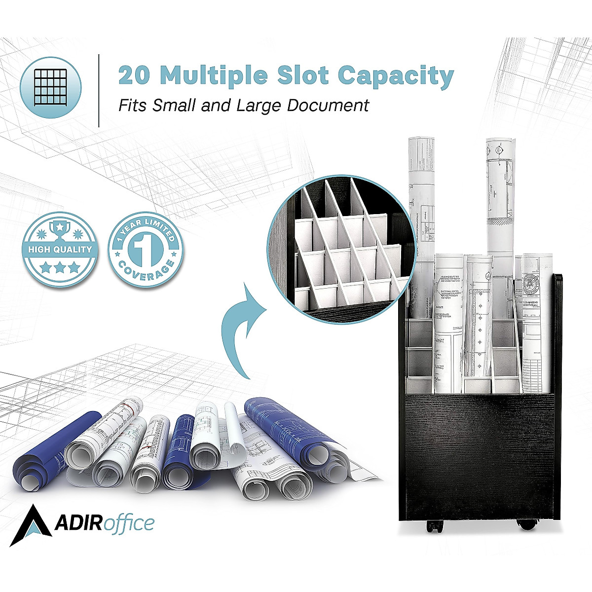 Adir Mobile Blueprint Roll File Holder - Architectural Plan Storage Organizer for Home Office or School Use 20 Slots (Black)