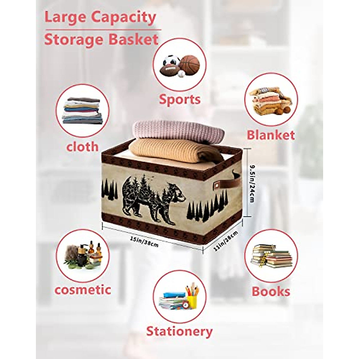 Bear Pine Trees Silhouettes Storage Basket for Shelves, Retro Paper Storage Cube Fabric Storage Bins, Closet Organizers with Handles for Book, Toys, Cloth, 15x11x9.5 Inch