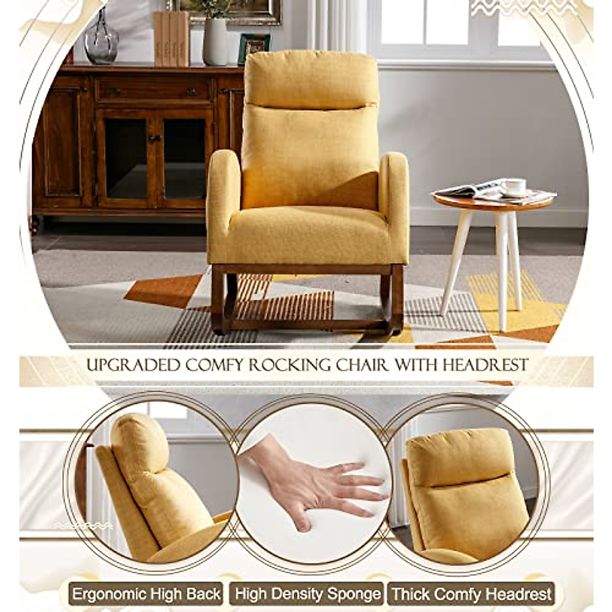 KINFFICT Comfy Rocking Chair, Upholstered Accent Glider Rocker for Baby Nursery or Relaxation, Living Room Armchair with High Back and Headrest, Modern Rocking Glider with Side Pocket, Yellow