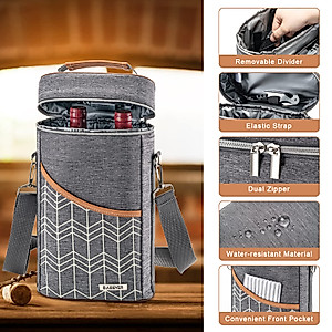 BABEYER 2 Bottles Wine Tote Bag Insulated Wine Cooler Carrier for Wine Tasting, Party, Travel, Beach, BYOB Restaurant, Sport Events, Wine Gifts for Women Wine Lovers-Grey
