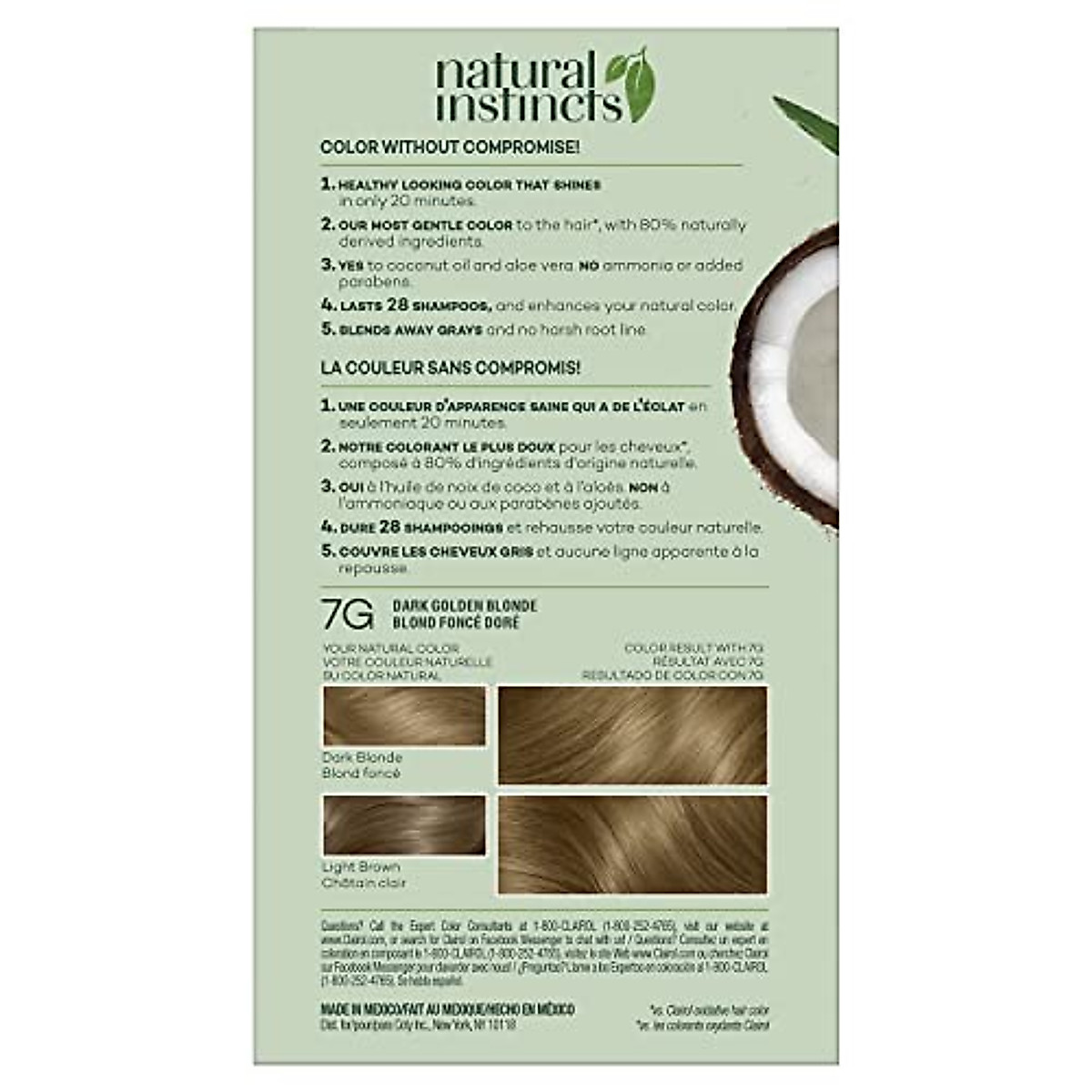Clairol Natural Instincts Demi-Permanent Hair Dye, 7G Dark Golden Blonde Hair Color, Pack of 3