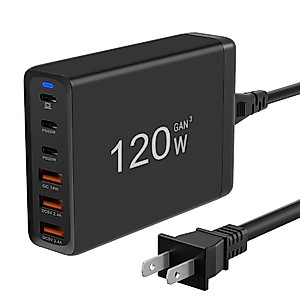 USB C Fast Charger, 120W GaN Compact 6 Port Charging Station, USB C Wall Charger Adapter 3 USB C and 3 QC USB A Travel Charger for All iPad iPhone 14 13 12 11 Pro Max Galaxy
