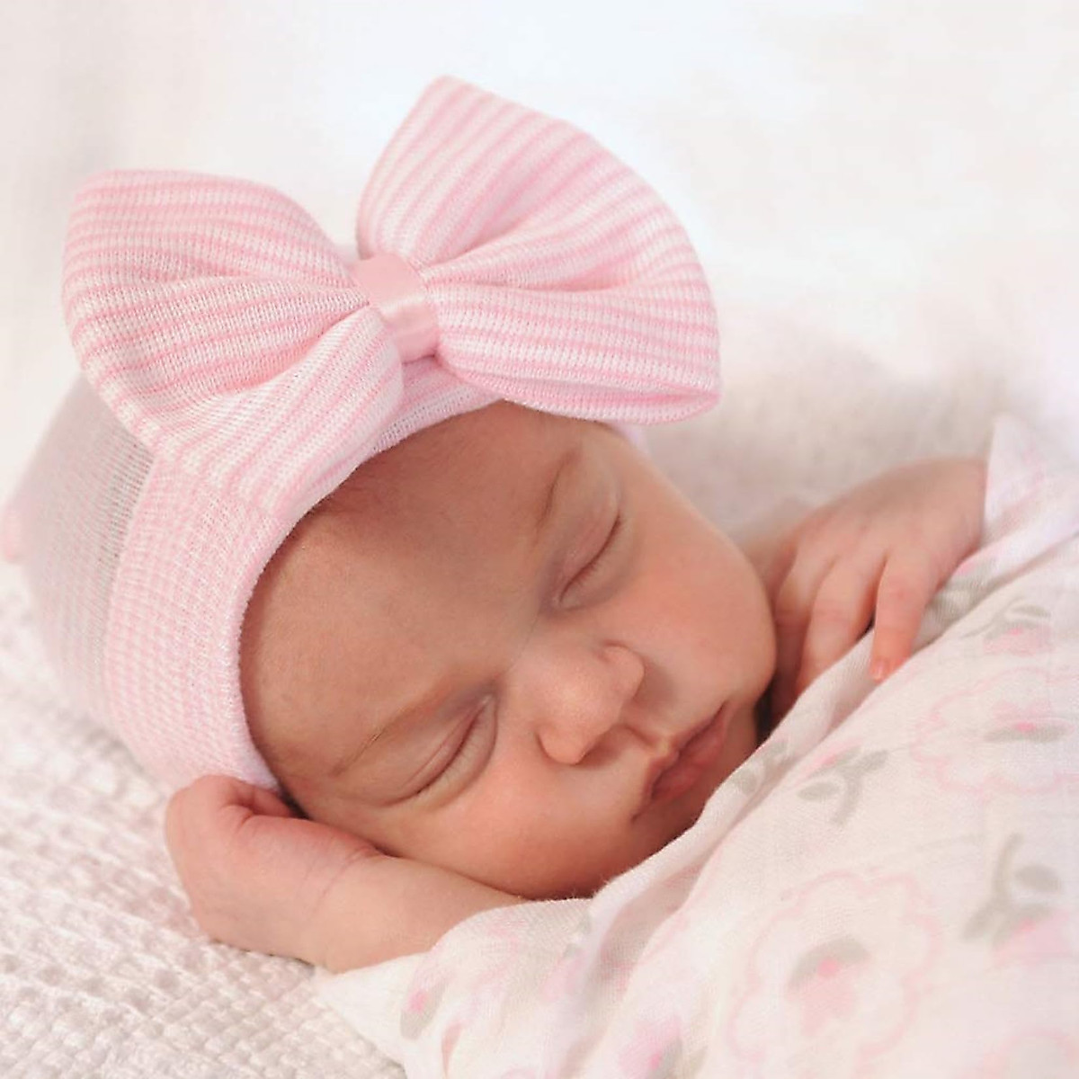 Century Star Newborn Hospital Hat for Girls Infant Baby Hat and Mittens Set with Bow Soft Cute Nursery Beanie Hat Caps Pink white&White&Pink(with Mittens) One Size