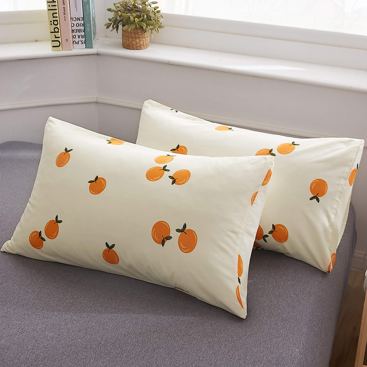LAMEJOR Duvet Cover Set Queen Size Orange Tangerine Fruit Pattern Luxury Soft Bedding Set Comforter Cover (1 Duvet Cover+3 Pillowcases) Off-White