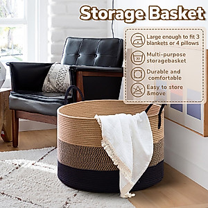 INDRESSME XXXLarge Woven Rope Basket 21" x 14" Blanket Storage Basket with Long Handles Decorative Clothes Hamper Basket Extra Large Baskets for Blankets Pillows