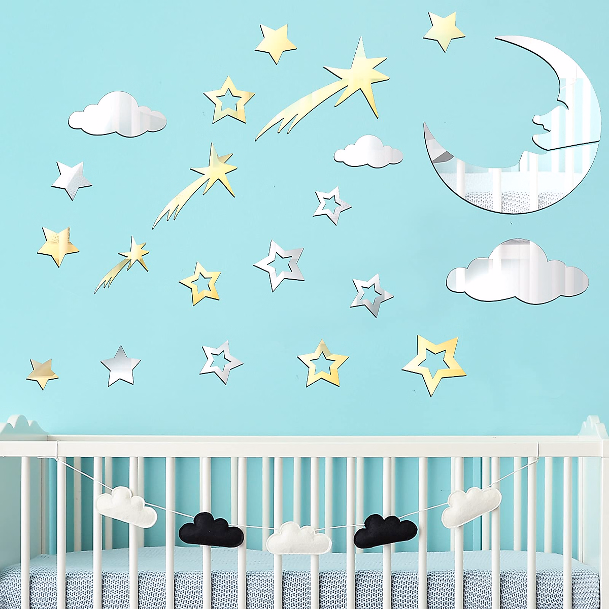 82 Pieces Moon and Stars Mirror Decals Removable 3D Acrylic Mirror Stickers Moon and Stars Wall Stickers Home Decor for Living Room Kids' Room Nursery Decoration