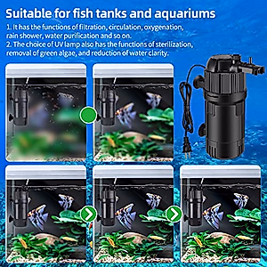 UV Filter for Aquarium, 3W Mini Internal UV with Power Head, 105 GPH 5 in 1 Fish Tank Aqua Filter, Green Water Killer Filter, Submersible Aqua Pump