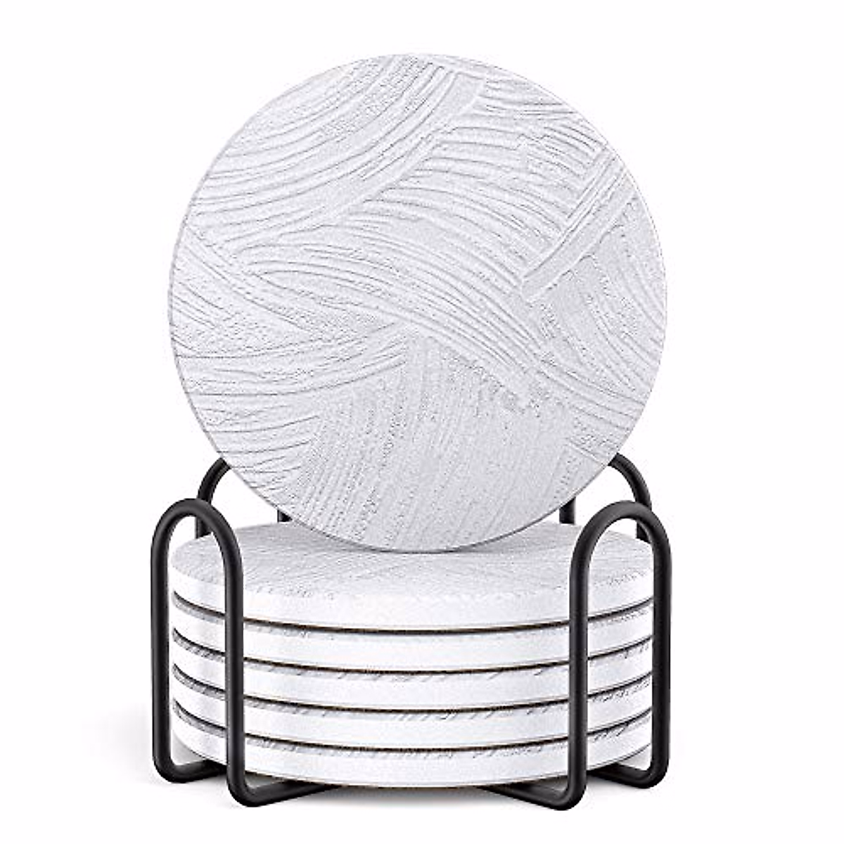 LIFVER Absorbent Drink Coasters with Holder, Set of 6 Ceramic Coasters with Cork Base, White Stone Coasters for Wooden Table, Housewarming Gift, White Elephant Gifts Idea, for Home Decor, 4 inches