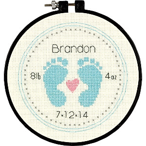 Dimensions Counted Cross Stitch Kit for Beginners, 'Baby Footprints' Birth Record Personalized Baby Gift, 14 Count Ivory Aida with 6'' Embroidery Hoop