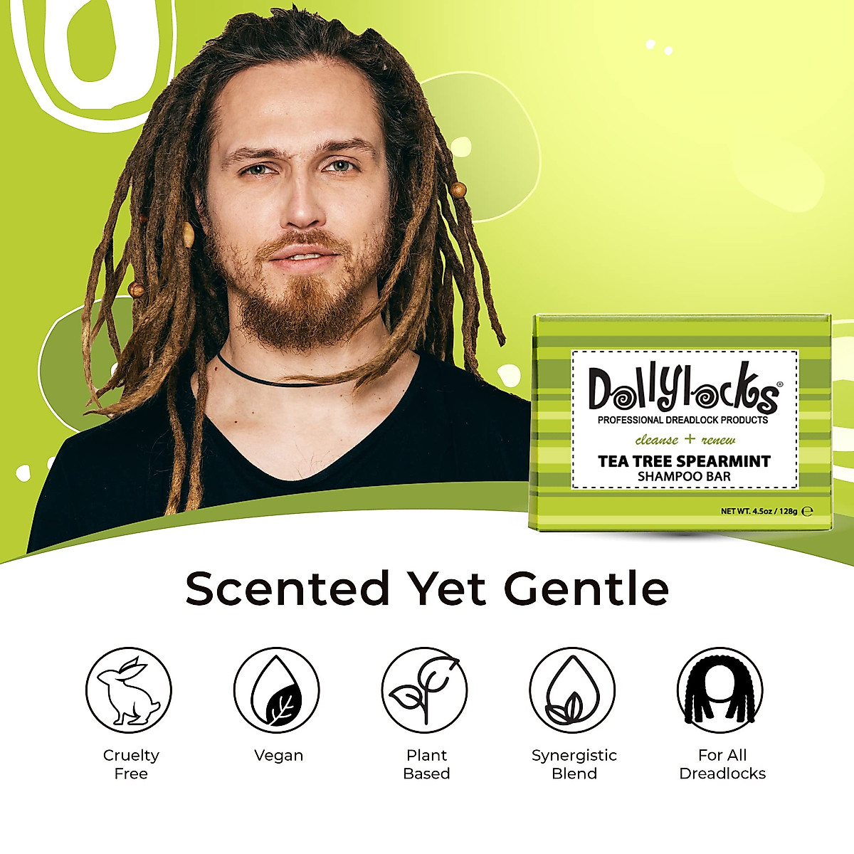 Dollylocks Organic Shampoo Bar for Dreadlocks, Vegan Shampoo with Coconut Oil, Essential Oils, Sea Salt, Plant-Based Shampoo Bars for Hair, Residue Free and Cruelty Free - (4.5oz) Tea Tree Spearmint