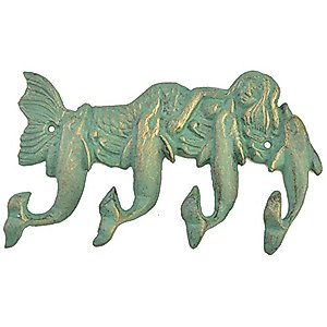 Cast Iron Wall Hook Rack Mermaid & Dolphins 7.25" Wide