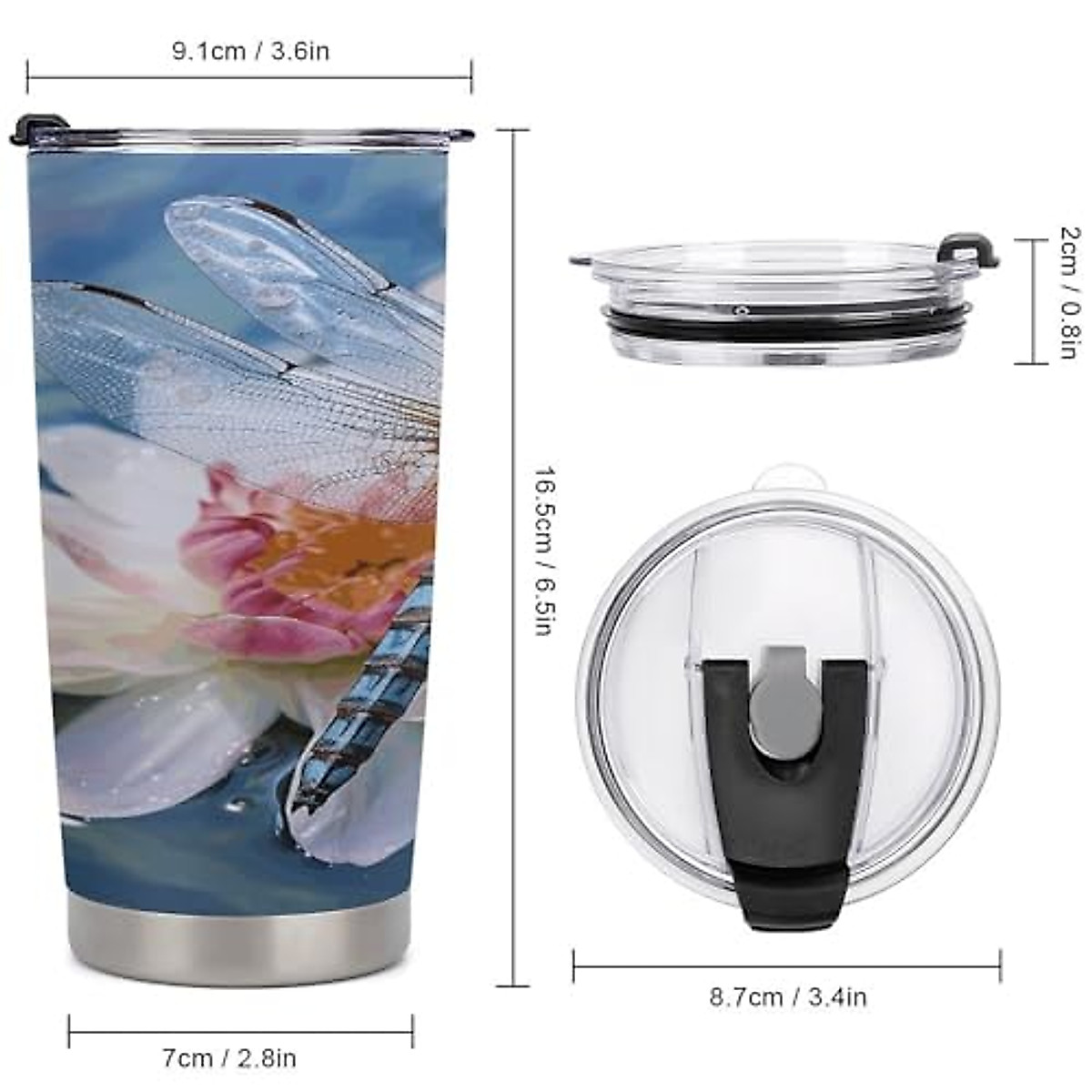 FHENMSA Reusable Plastic Water Cups with Lids,Dragonfly Lotus Print Anti-overflow Cup,sports Travel Coffee Cup