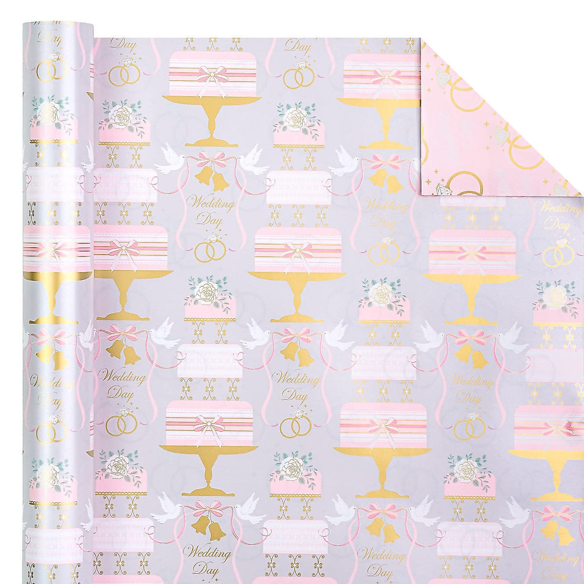 WRAPAHOLIC Reversible Wedding Wrapping Paper Roll - Mini Roll - 17 Inch X 33 Feet - Wedding Day Cake Floral and Ring Design, Perfect for Wedding, Bridal Shower