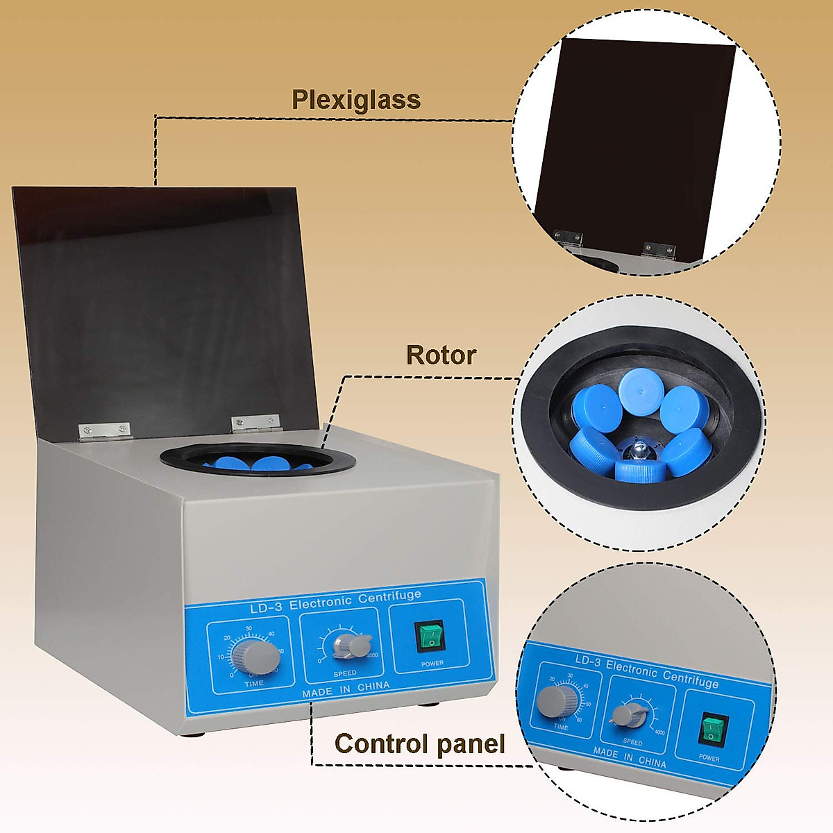 Podoy Electric Lab Benchtop Centrifuge Low-Speed 4000rpm 50ml 6 Tubes 0-60min Timer Speed Control Centrifuge Laboratory Machine Desktop 110V LD-3