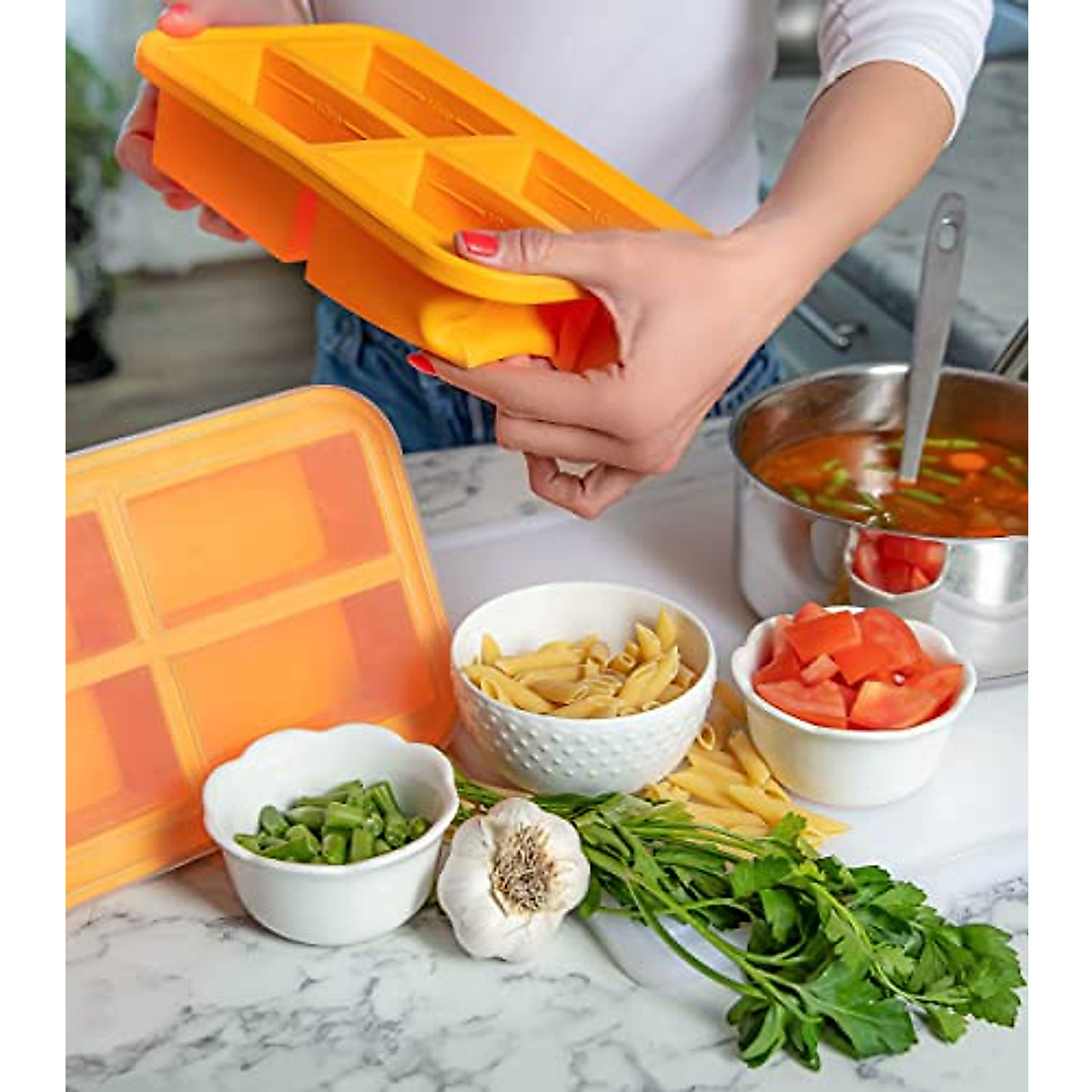 (2 Pack) Silicone Soup Freezer Molds With Lids & Measurement Lines, Makes 1 Cup Portions, Food Freezing Storage Containers, Soup, Pasta Sauce, Broth. Large Ice Cube Trays & Food Freezer Molds (2 Pack)