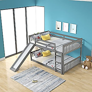 HomSof Solid Wood Full Over Full bunkbed with Slide，Full-Length Safety Guardrails,No Box Spring Needed,Grey