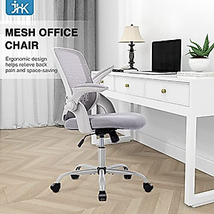 JHK Ergonomic Computer Mesh Home Office Desk Armrests, Rolling Swivel Chair with Lumbar Support Height Adjustable, Grey, Flip-up Arms