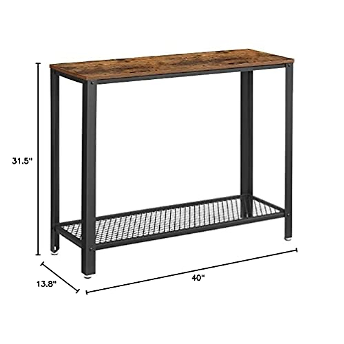 VASAGLE Console Table, 2-Tier Entryway Table with Mesh Shelf, Narrow Sofa Table, Steel Frame, Adjustable Feet, for Hallway, Living Room, Industrial Style, Rustic Brown and Black ULNT80X