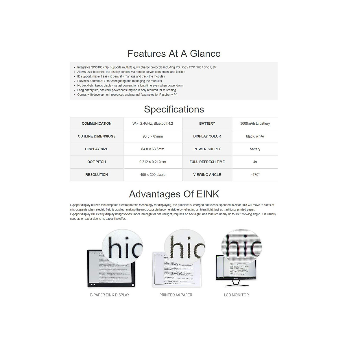 waveshare 4.2inch E-Paper Cloud Module 400×300 Pixels with Low Power Consumption WiFi Connectivity Wide Viewing Angle