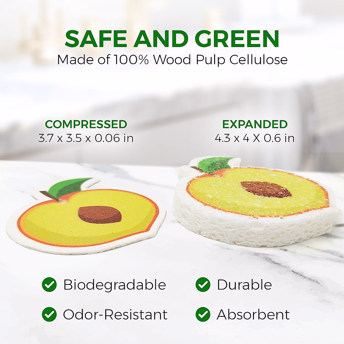 Biodegradable Cellulose Compressed Sponges Bulk - Fruit Shaped Natural Kitchen Sponges Pack of 12 - Eco Friendly Compostable Dish Sponges for Washing Dishes - Odor Free Pop Up Non Scratch Sponges