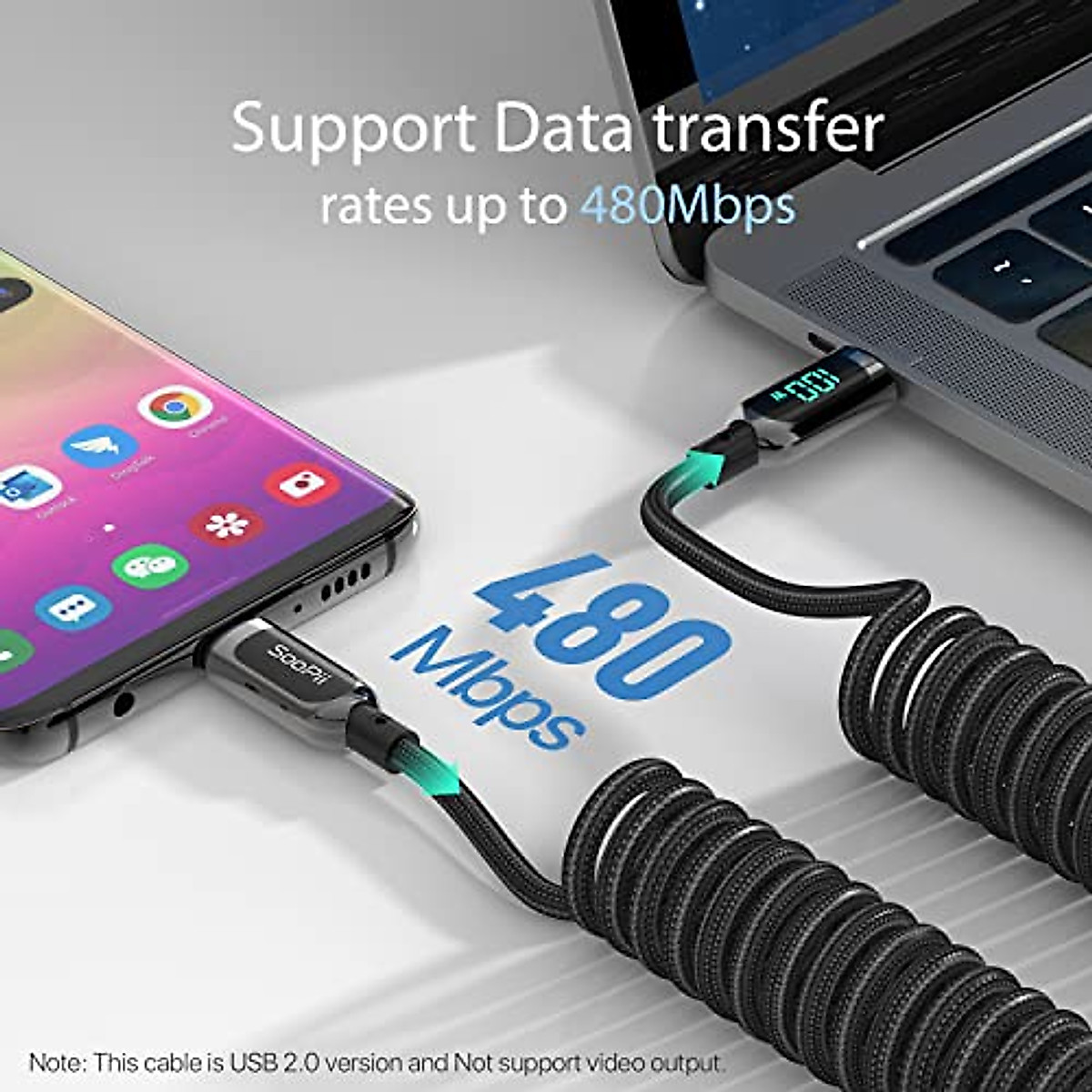 SooPii 100W Coiled USB C Cable: Fast Charge & LED Display