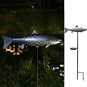 KAIXOXIN Solar Garden Lights Metal Fish Decorative Stake for Outdoor Patio Yard Decorations,Warm White LED Solar Path Lights (Silver-2)