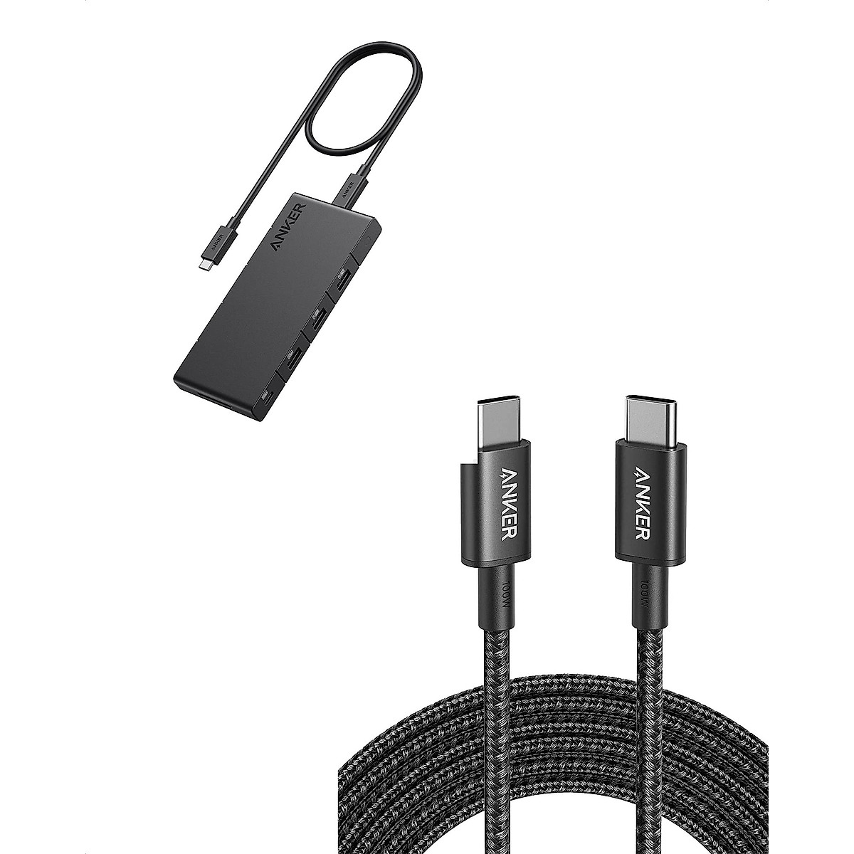 Anker 364 USB C Hub (10-in-1, Dual 4K HDMI) with Max 100W Power Delivery, Dual 4K@60Hz HDMI Ports, 4 USB-A and USB-C Data Ports & New Nylon USB C to USB C Cable 100W 10ft