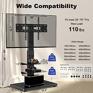 YOMT Floor TV Stand with Sturdy Wood Base, Tall Universal TV Stand with Mount for Most 32-75 inch TVs up to 110 lbs, Height Adjustable TV Stand with Swivel, TV Mount Stand with Media Shelves, Black