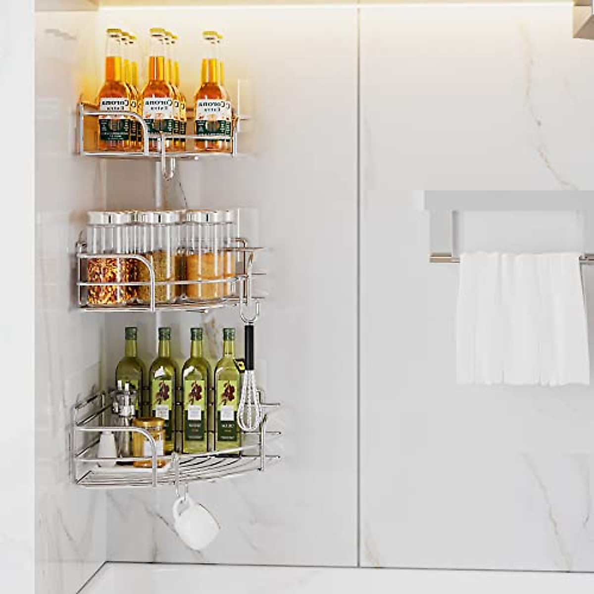 3 Pack Corner Shower Caddy: Stainless Steel No-drilling Bathroom Organizer for All 90° Corners- Installed in Minutes, Heavy Duty Shower Shelves for Storage- 6 Metal Hooks with Caps, 2 Extra Adhesives