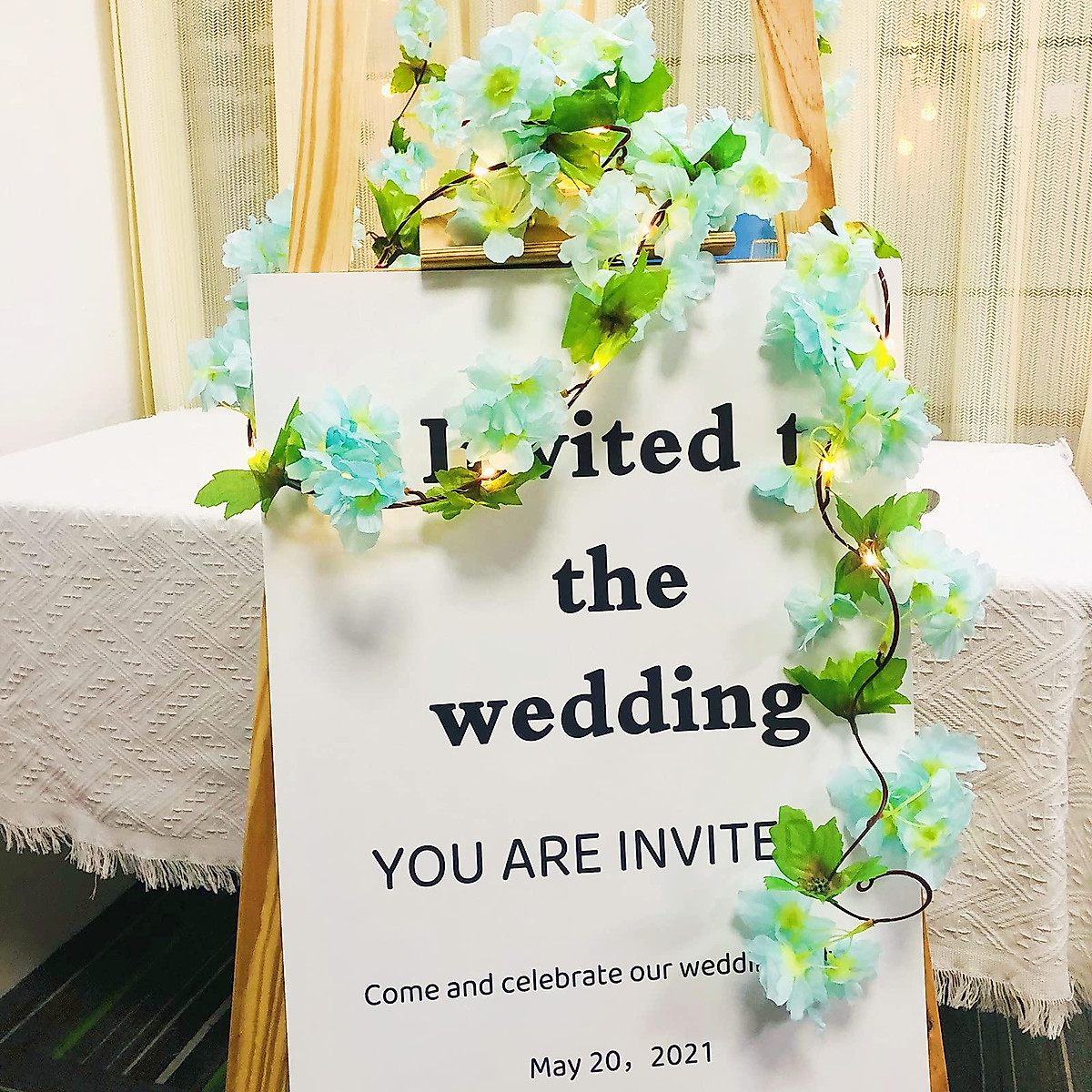 Artificial Cherry Blossoms String Lights Hanging Hydrangea Vines Plant Garland Silk Flower Fairy Light Battery Powered for Home Garden Wedding Party Decor (Blue, 2m/20 Led)