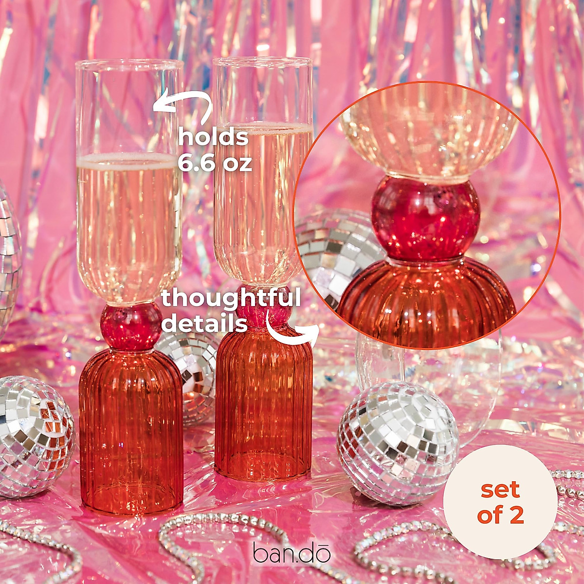 ban.do Bar Glass Set of 2, 6.6oz Cute Cocktail Glasses for Adults, Unique Cocktail Wine & Champagne Glasses, Aesthetic Glassware for Bar Cart, Tipsy Turvy