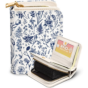 Bistup Credit Card Holder Wallet for Women - Cute Leather Ladies Teen Girls Female Cardholder Wallets Accordion Purse Small Medium Aesthetic Print Blue Floral Unique Modern Rfid Zipper Around