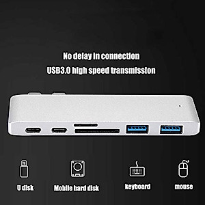XUNMAIFHB Portable Docking Station,Double Head Type-c HUB to hdmi 4k hub + Card Reader + Type-c Docking Station Lightning 3 Interface Fast Transmission, Silver