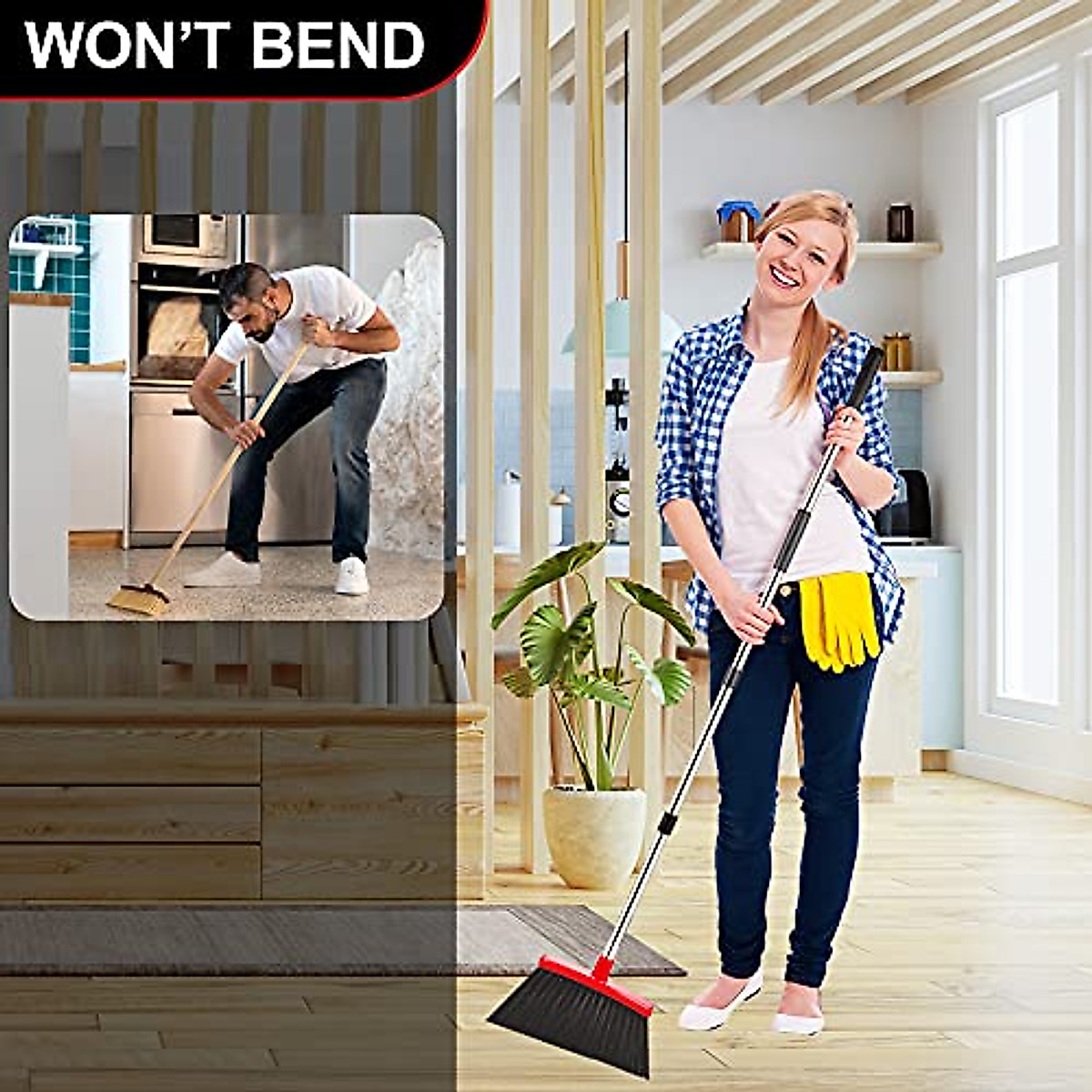 Broom Strongest 80% Heavier Duty - Outdoor Broom Indoor Broom, Angle Broom with Extendable Broomstick for Easy Sweeping - Easy Assembly & Durable, Great Use for Home Kitchen Room Office Lobby Floor