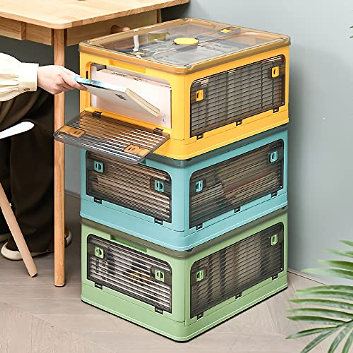 Large Clear Plastic Storage Box with Lid Wheels Collapsible Storage Bins with Five Doors Stackable Folding Container Organizer. Foldable Car Trunk Organizer Picnic Camping Family (Green)